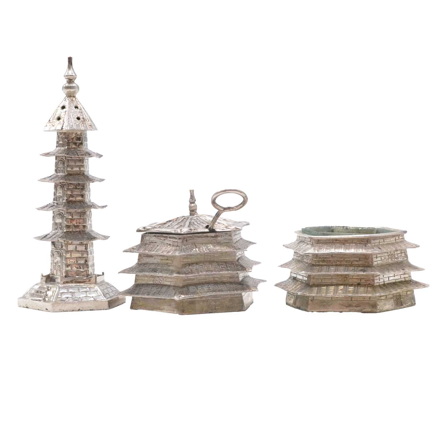 Lot 210 - Chinese silver three-piece condiments set,