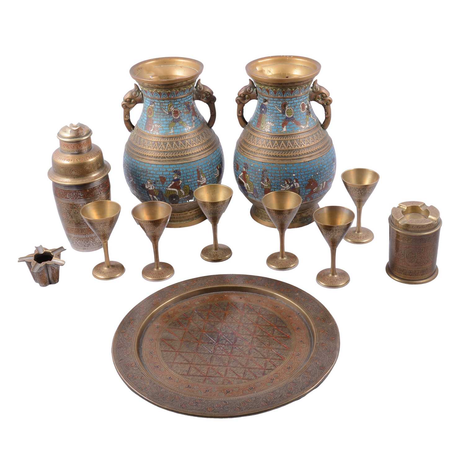 Lot 141 - Indian brass cocktail set and a pair of