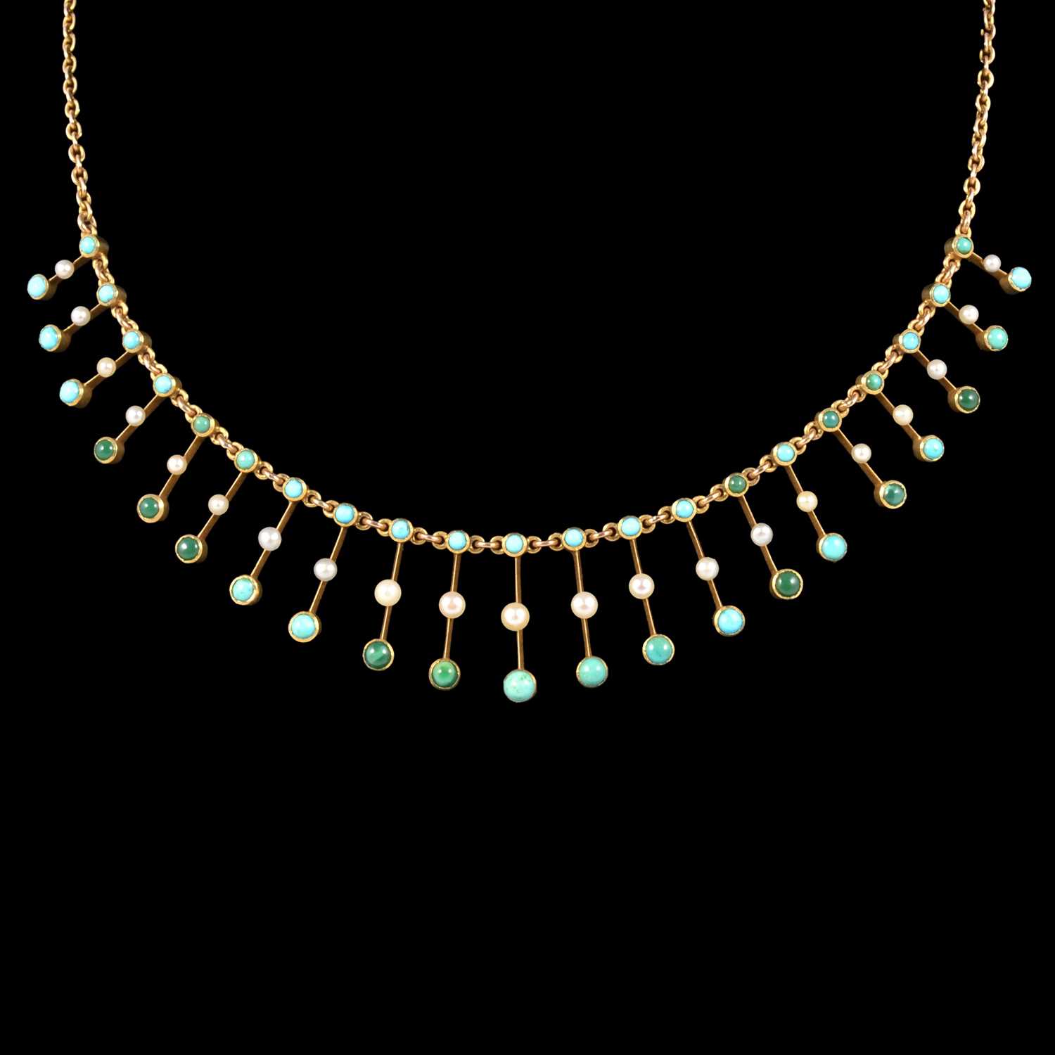 Lot 159 - A turquoise and seed pearl fringe necklace.