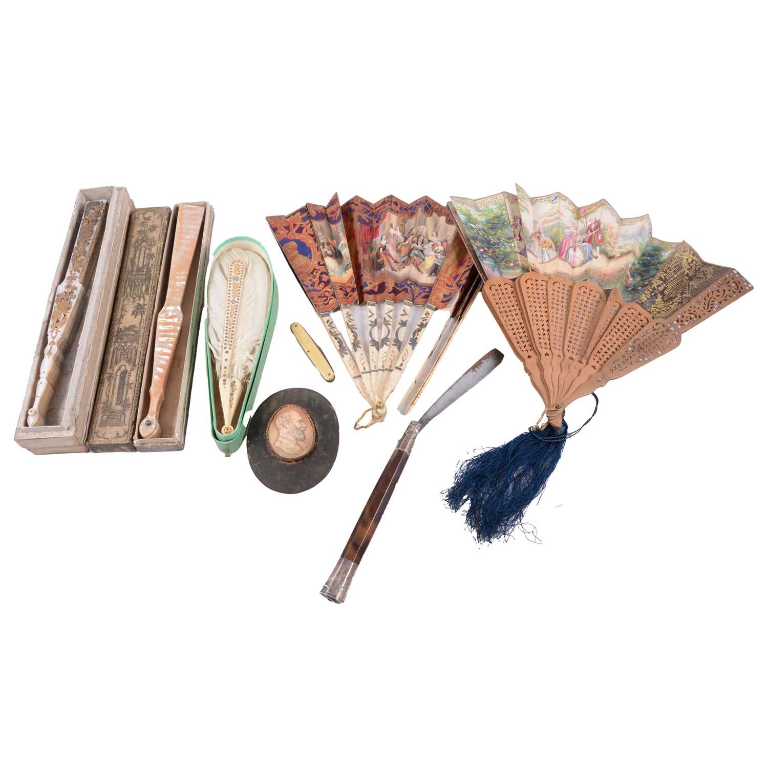 Lot 154 - Collection of hand fans, penknives, razor,