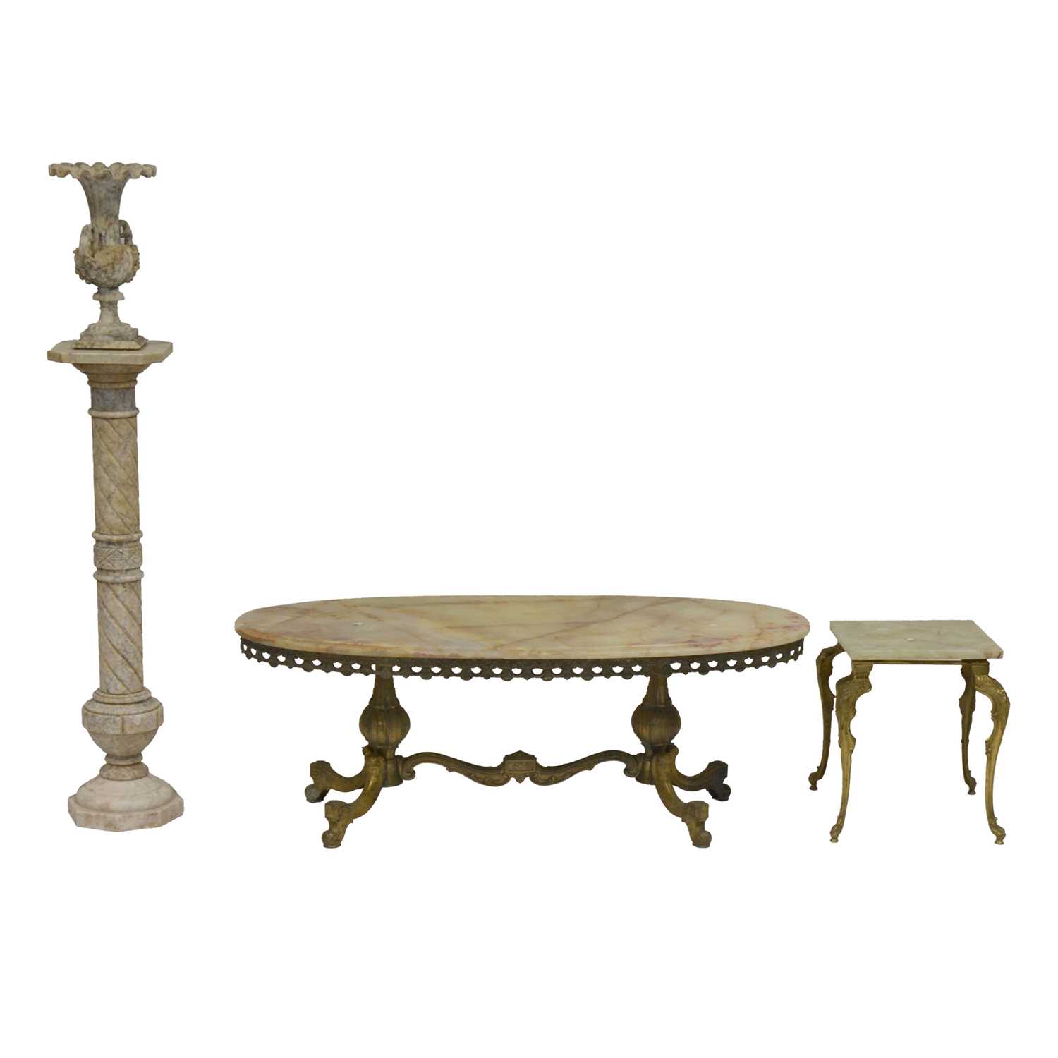 Lot 363 - Two onyx topped tables and a marble column