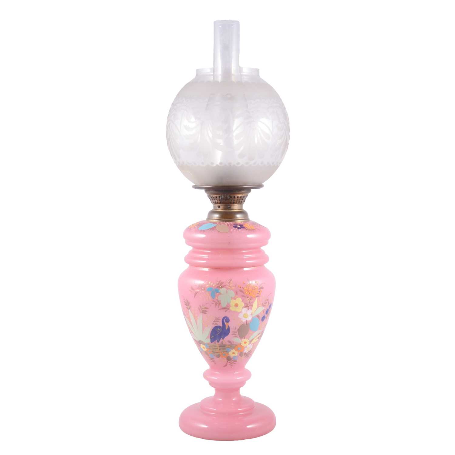 Lot 400 - Victorian pink glass oil lamp,