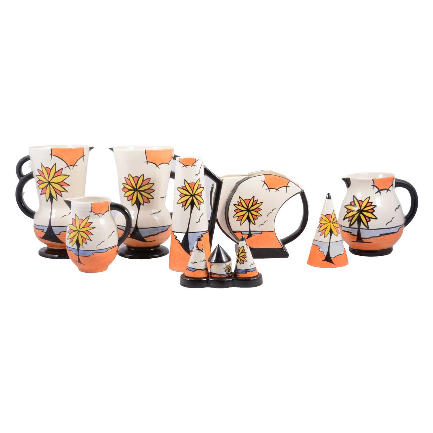 Lot 24 - Six Lorna Bailey 'Beach' design jugs, a cruet