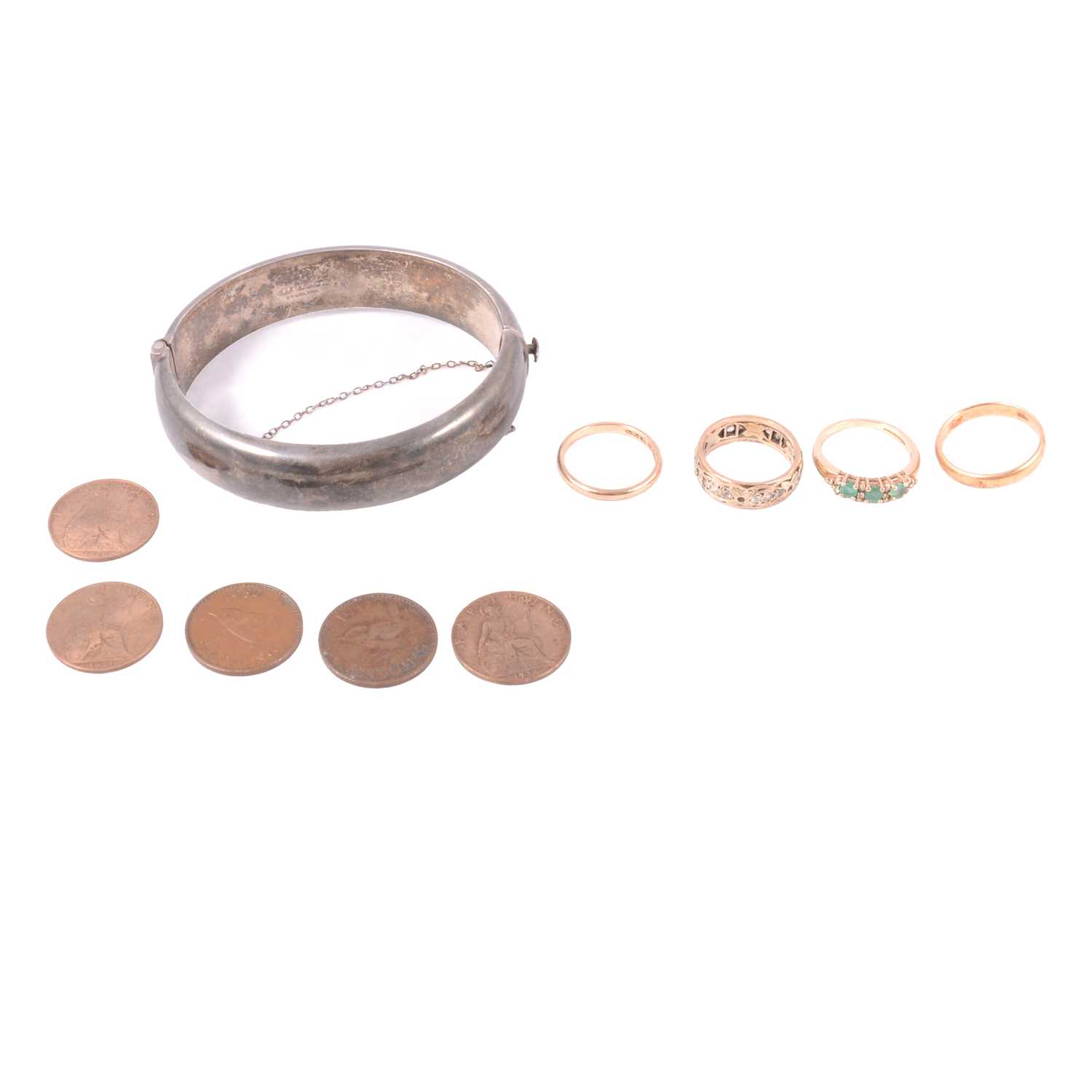 Lot 161 - Four rings, silver half hinged bangle, coins