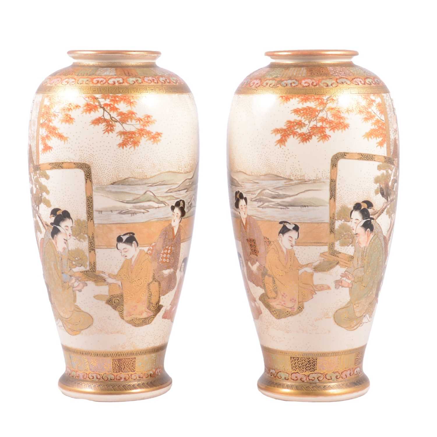 Lot 74 - Pair of Japanese Satsuma pottery vases, Meiji,