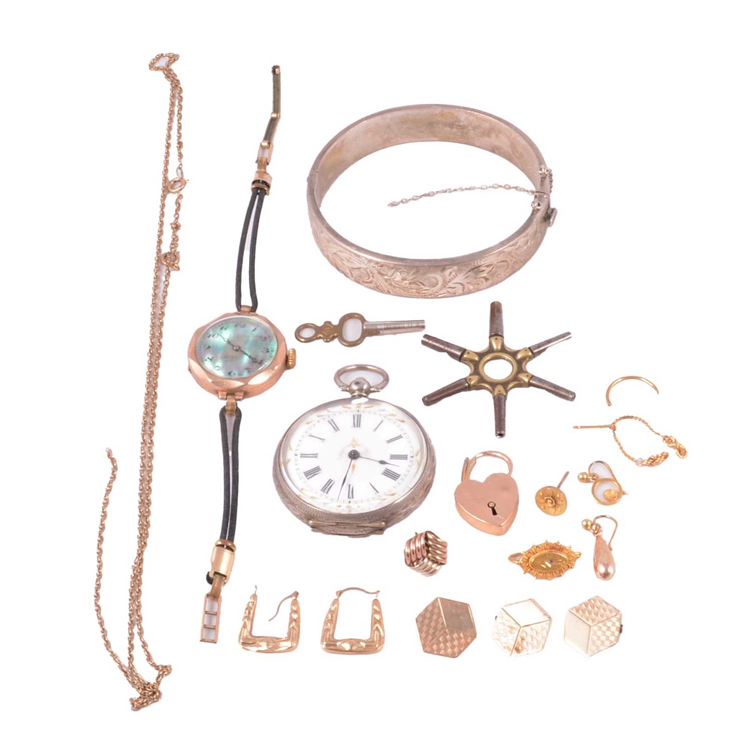 Lot 170 - A silver open face fob watch, gold