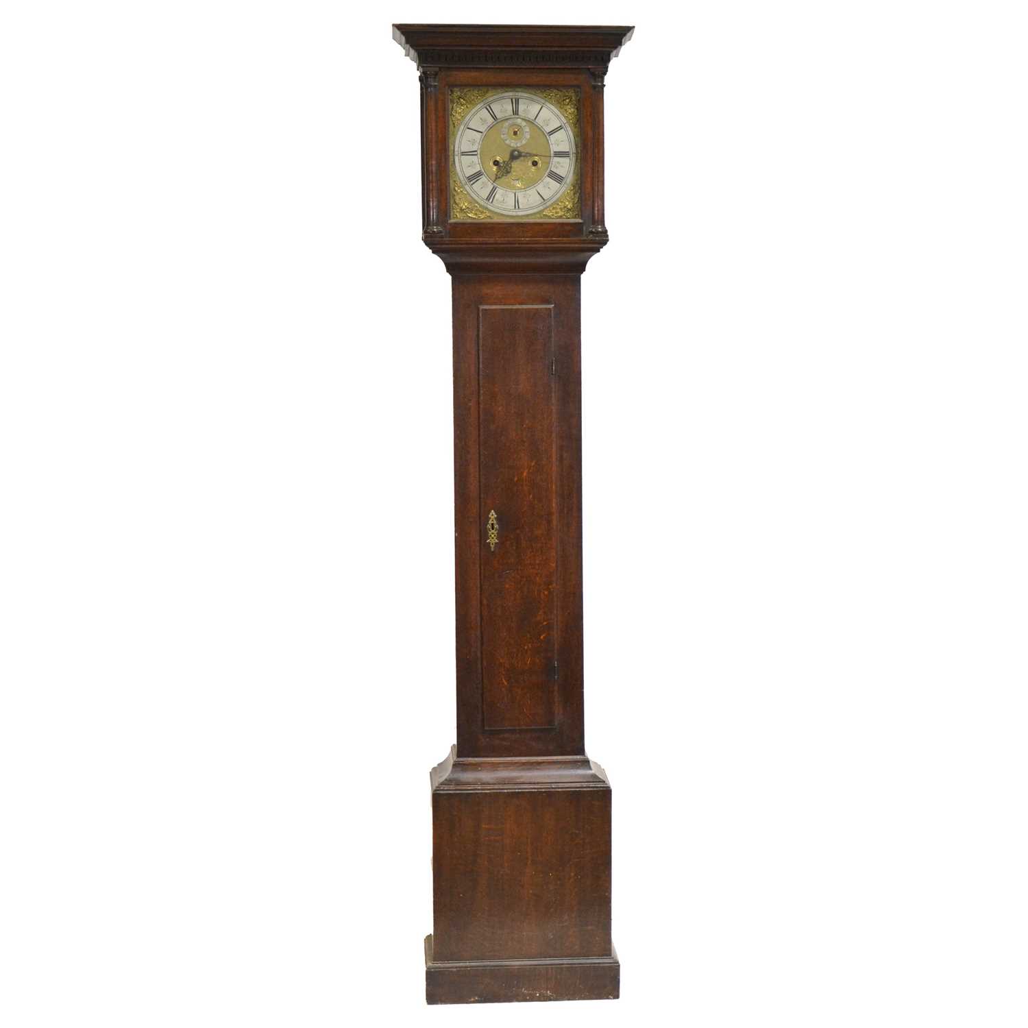 Lot 299 - George III oak longcase clock, signed Sam