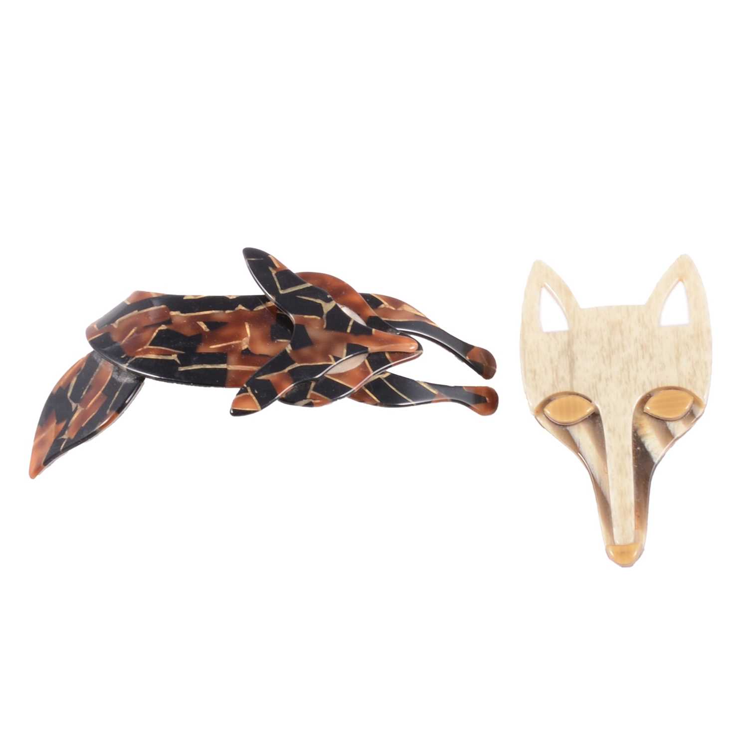 Lot 111 - Two Lea Stein celluloid fox brooches,