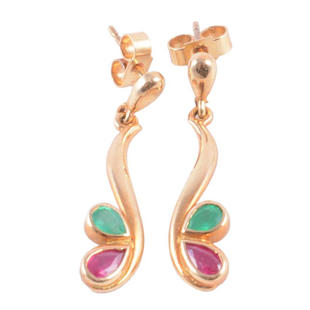 Lot 239 - A pair of emerald and ruby drop earrings.