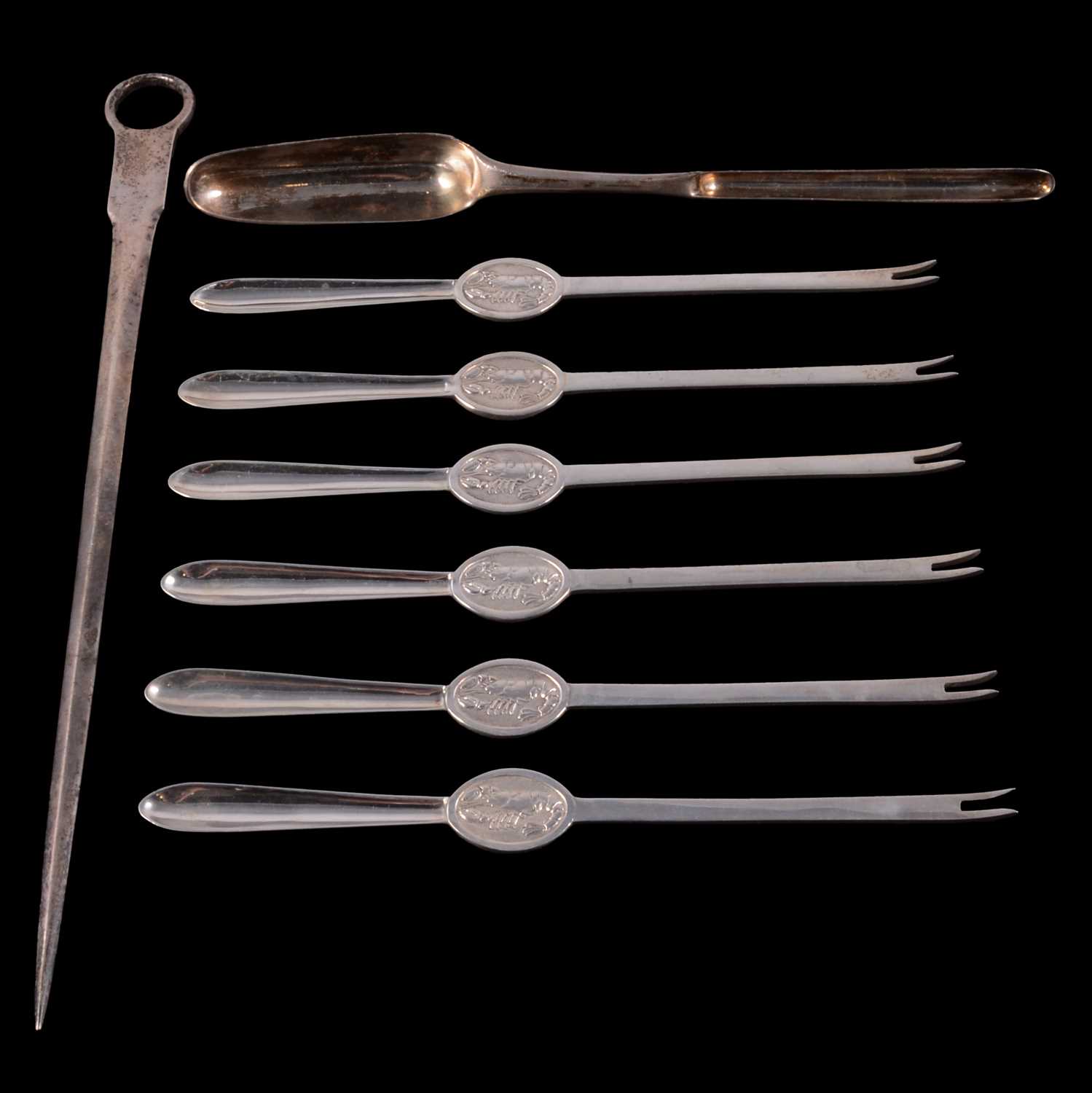 Lot 172 - Six silver lobster picks, marrow scoop, meat