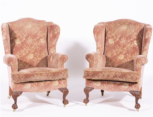 Lot 445 - A pair of traditional wing-back easy chairs,