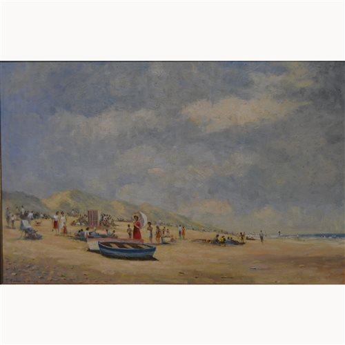 Lot 383 - J. Fairhurst, Beach scene, oil on canvas,