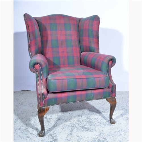 Lot 479 - Georgian style wing-back armchair, check