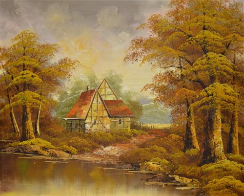 Lot 344 - Continental, Autumn glade with cottage, oil