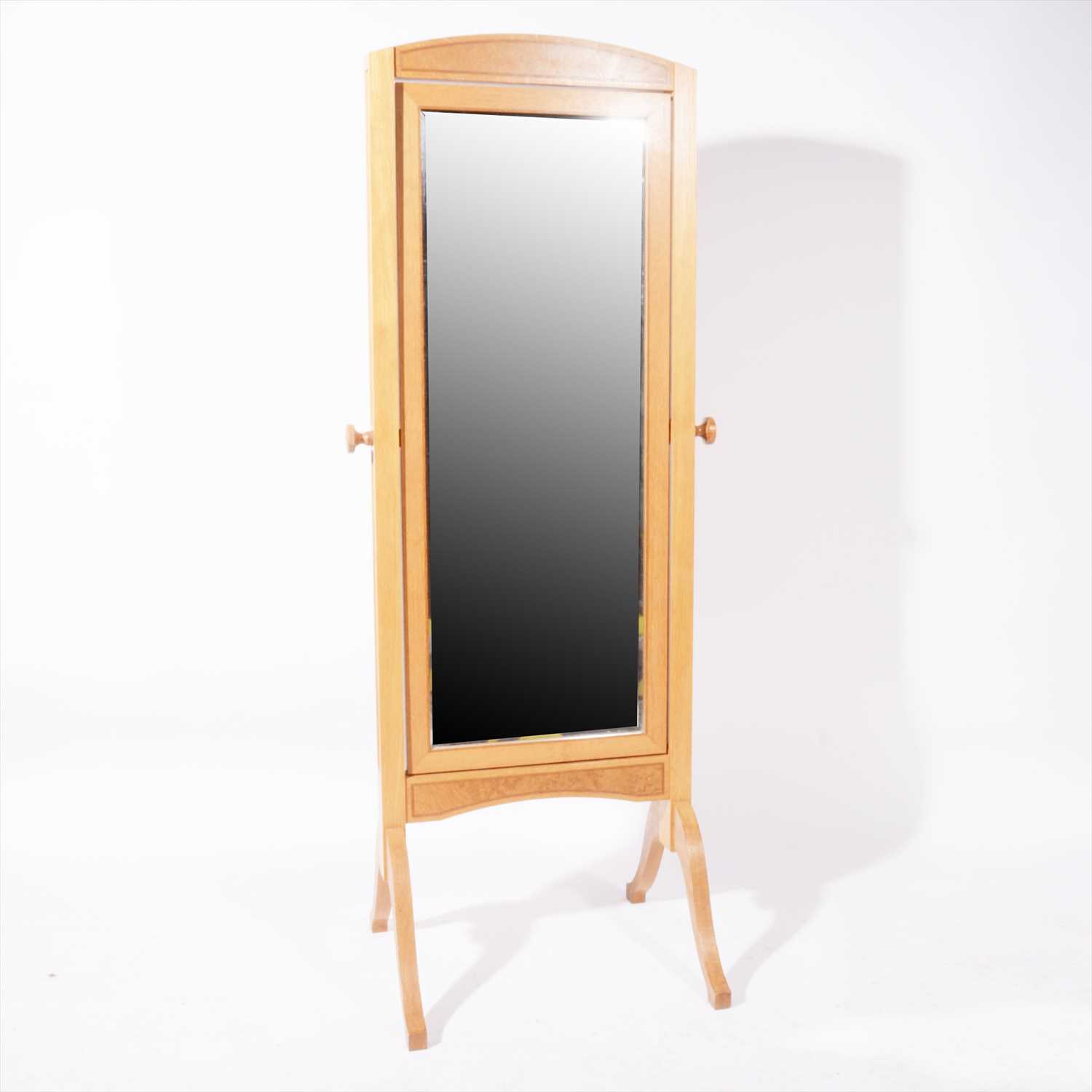 Lot 285 - An oak and burr oak inlaid cheval mirror by