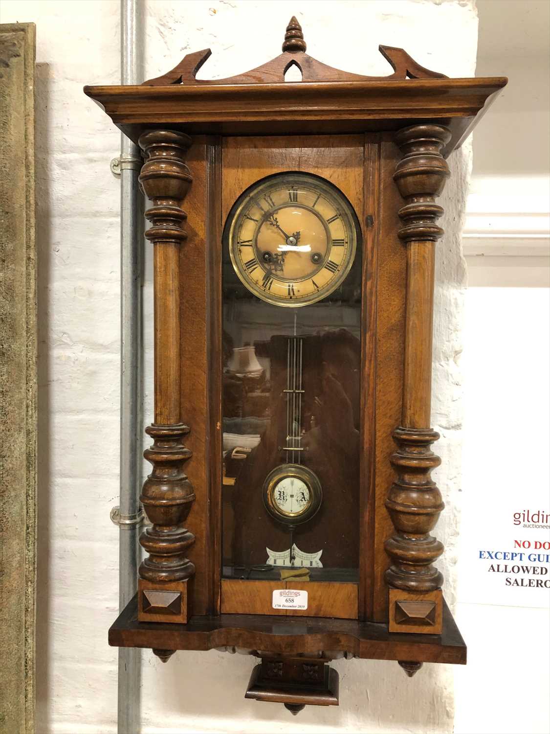 Lot 443 - A walnut and beech Vienna style wall clock,