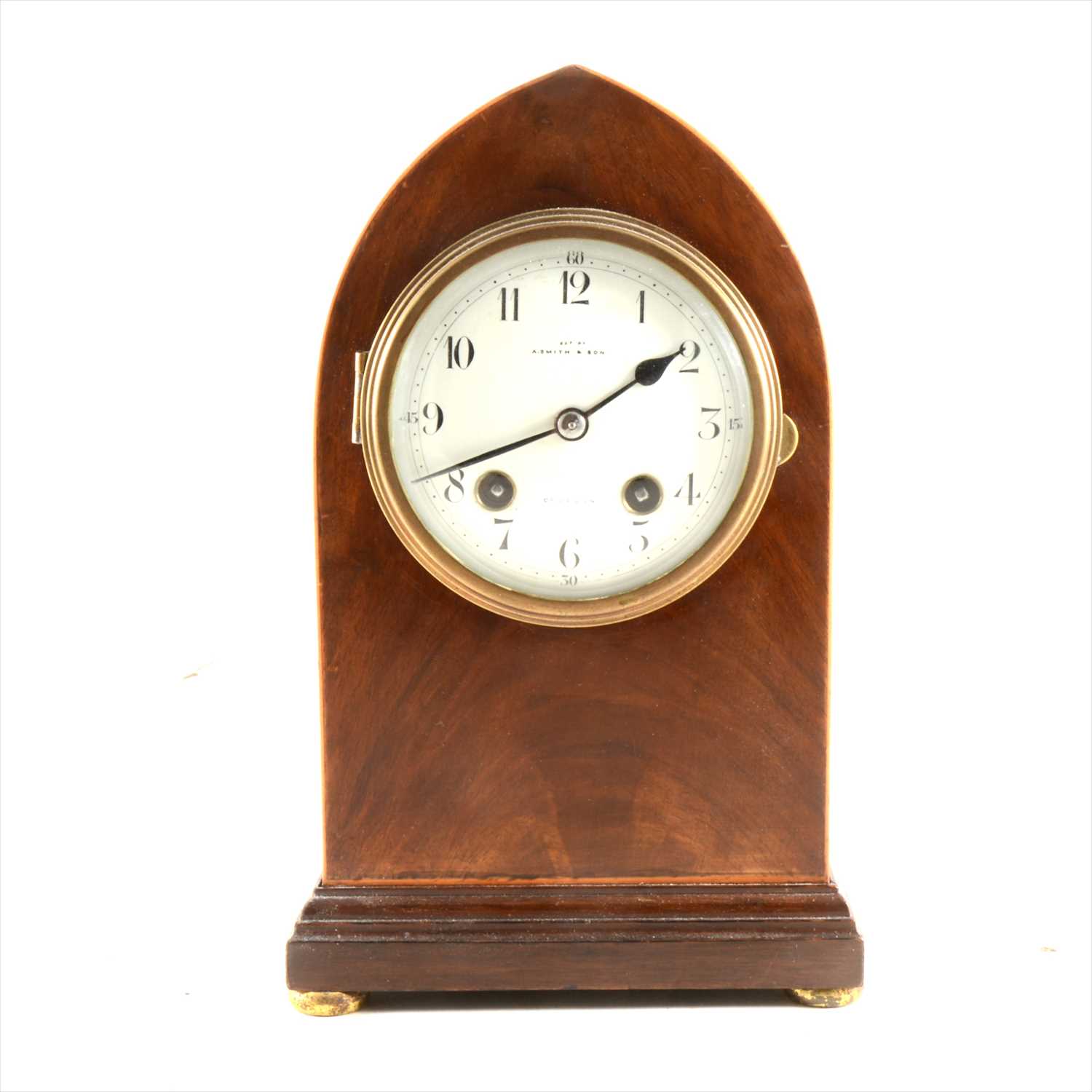 Lot 221 - Mahogany lancet shaped mantel clock, signed