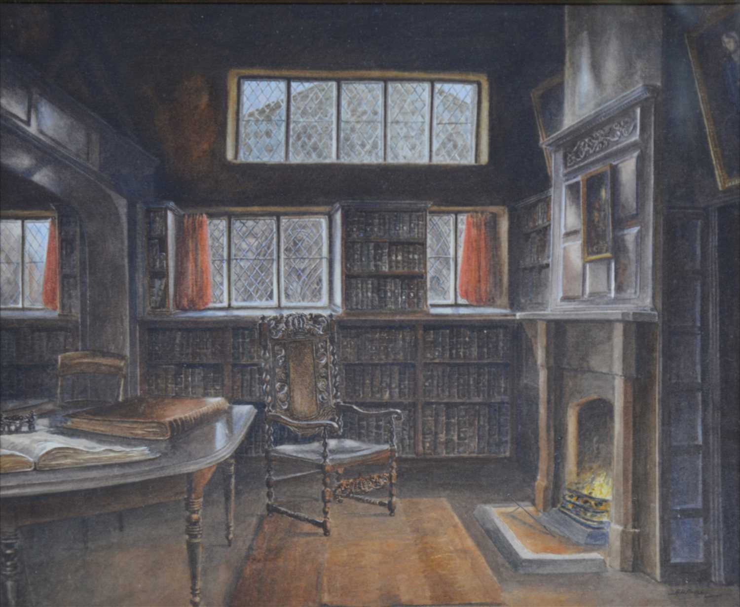 Lot 202 - A H Findley, a library interior, watercolour,
