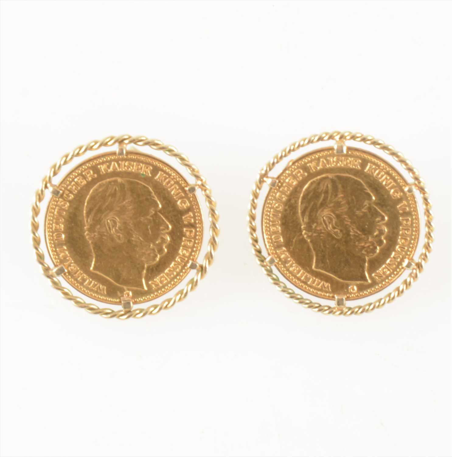 Lot 355 - A pair of 5 Mark Gold Coin earstuds.