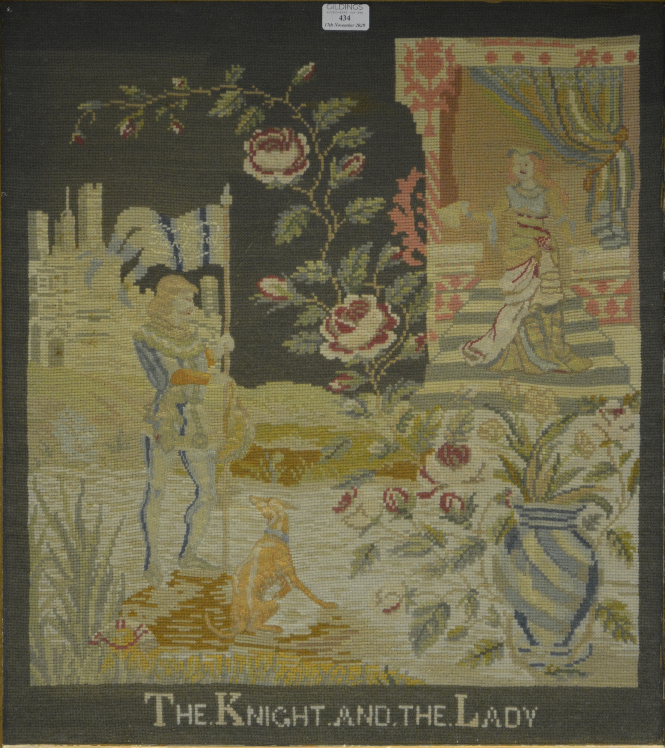 Lot 434 - Gros point woolwork panel, The Knight and