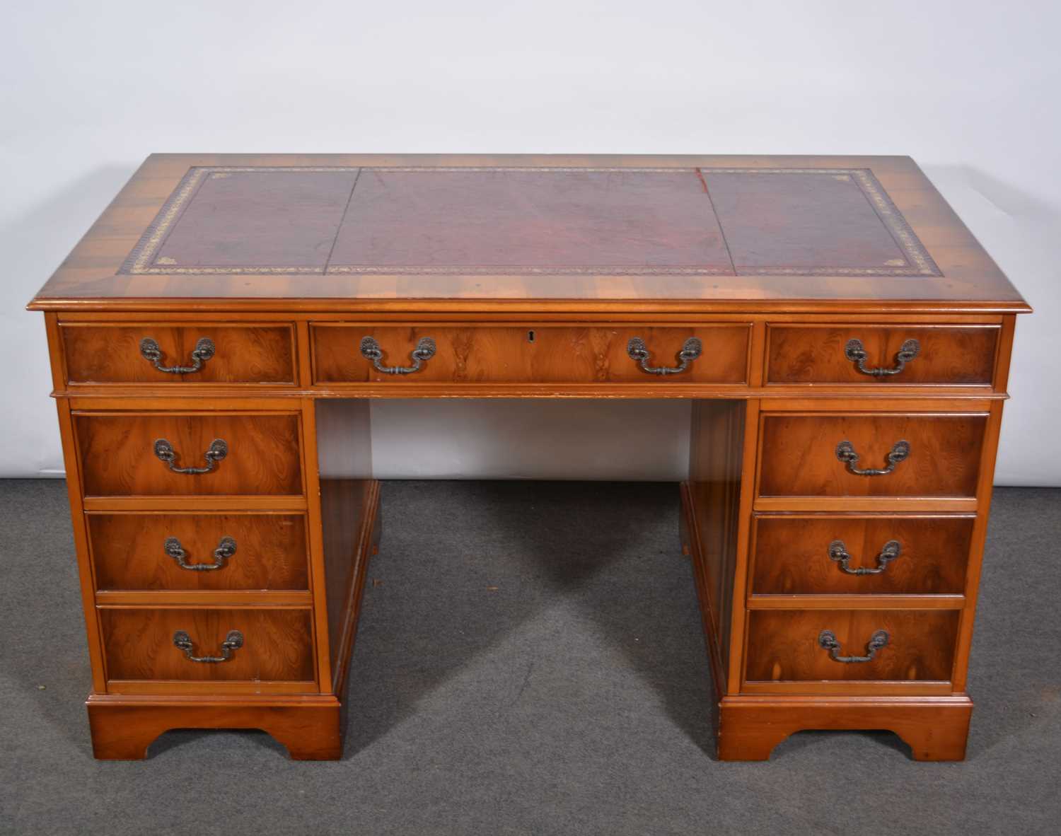 Lot 449 - Modern yew twin pedestal desk,