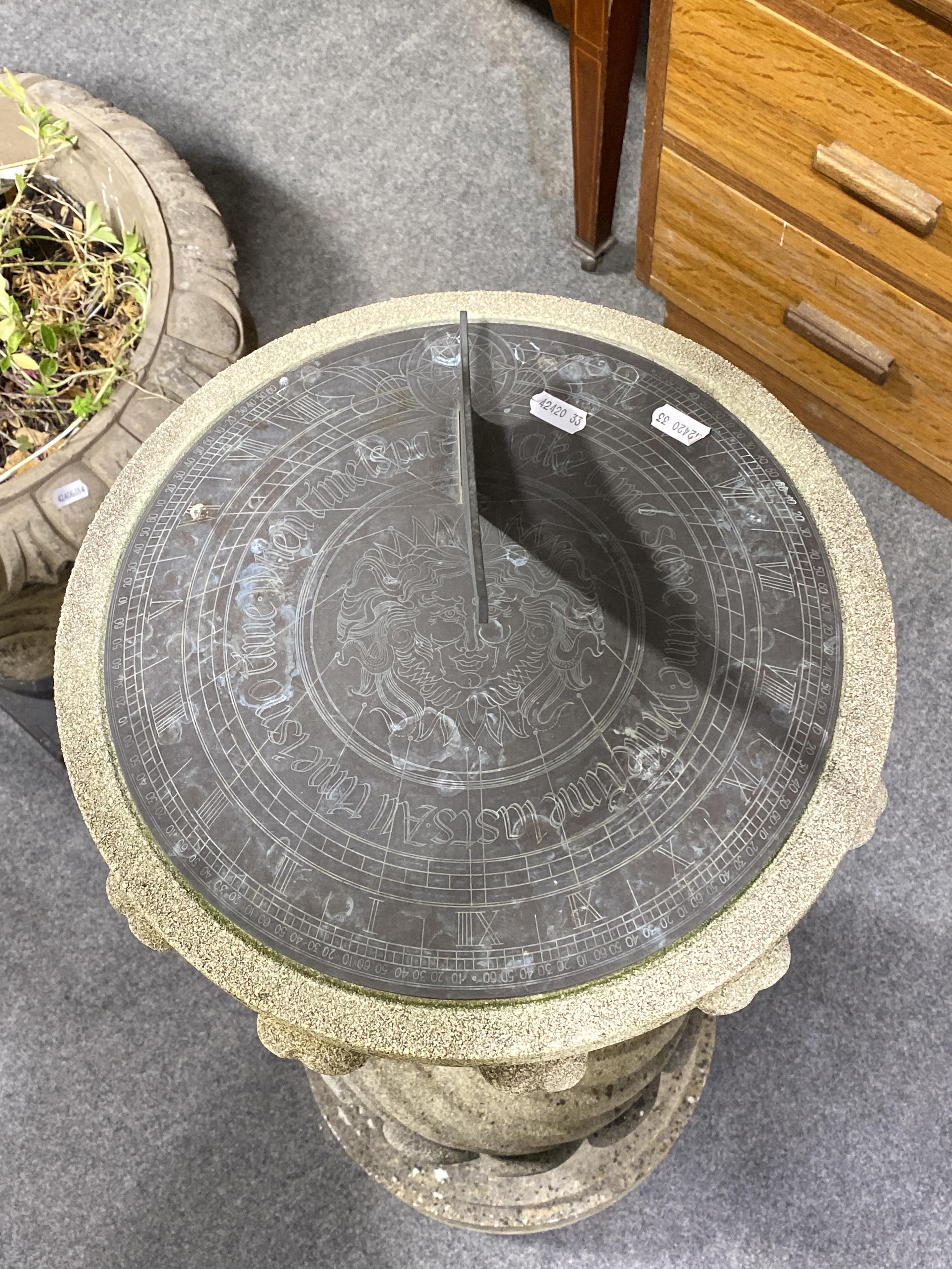 Lot 407 - Cast concrete sundial, engraved copper plate,