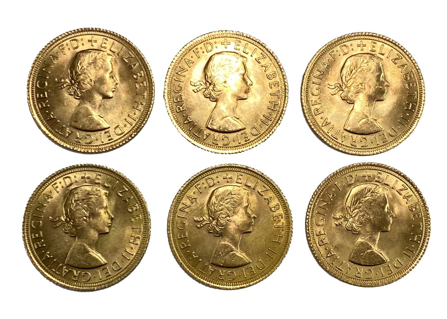 Lot 430 - Elizabeth II six gold Sovereign coins, 1968