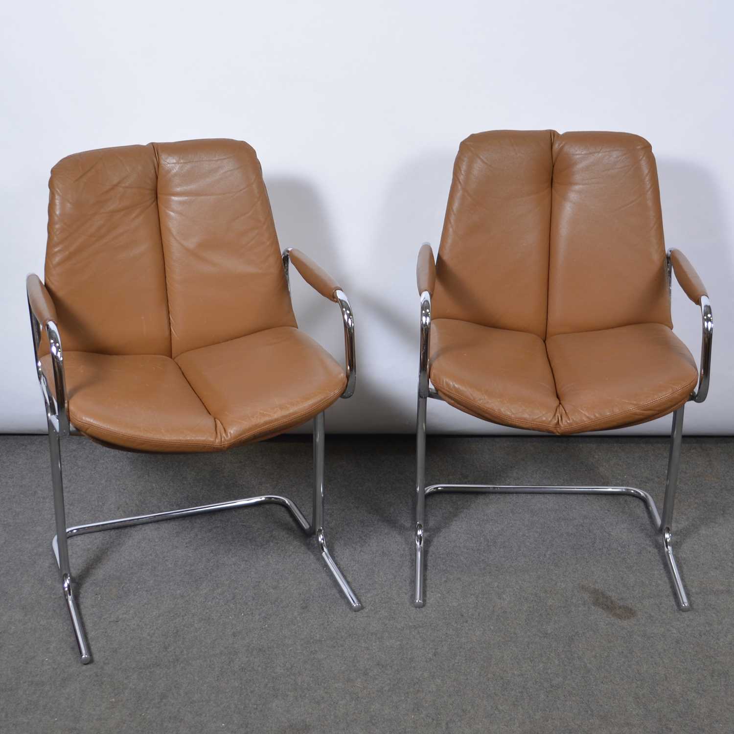 Lot 581 - Set of six chrome cantilever dining chairs,