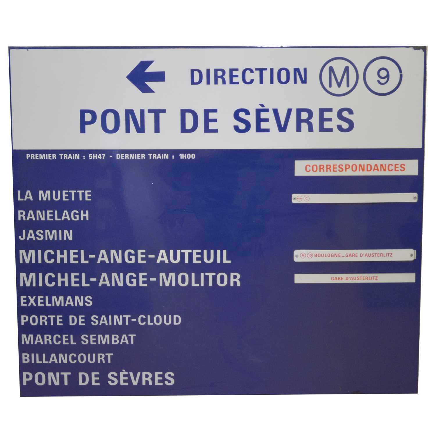 Large original French railway station enamel directions sign, 'M9 ...