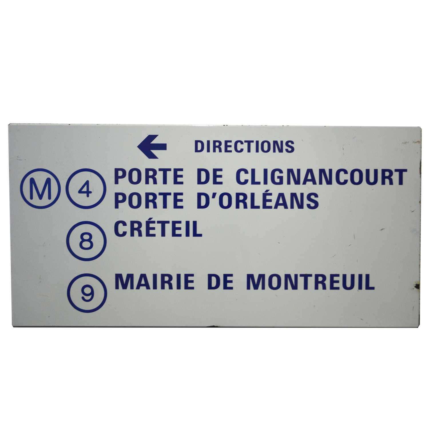 French railway station enamel directions sign 'M4 Porte de Clignancourt ...