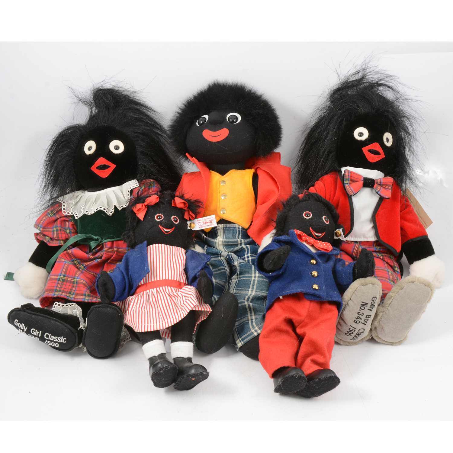 Golly toys, five including Steiff Germany Golly Boy and Golly Girl ...