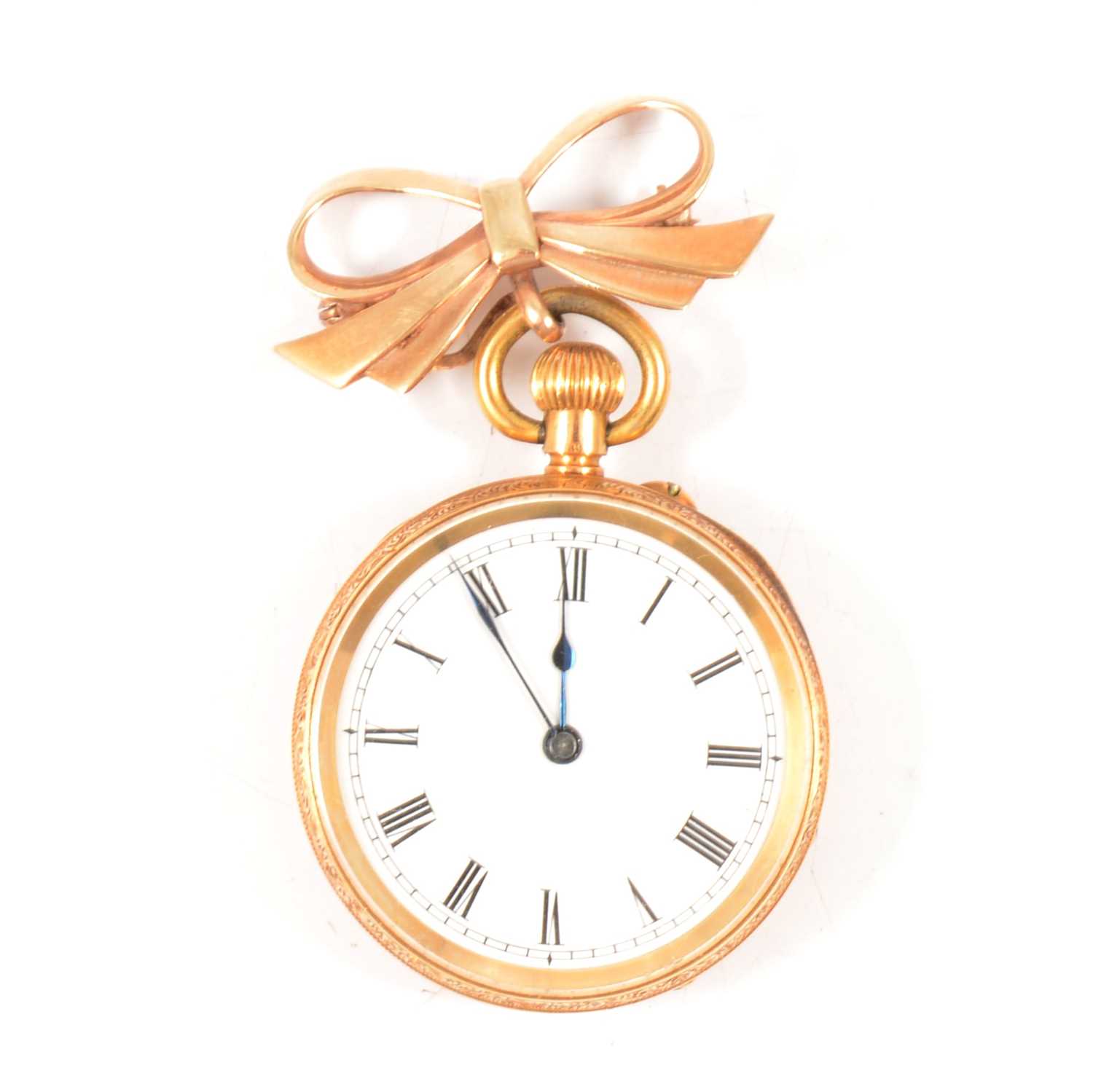 Lot 359 - An 18K fob watch with bow brooch.