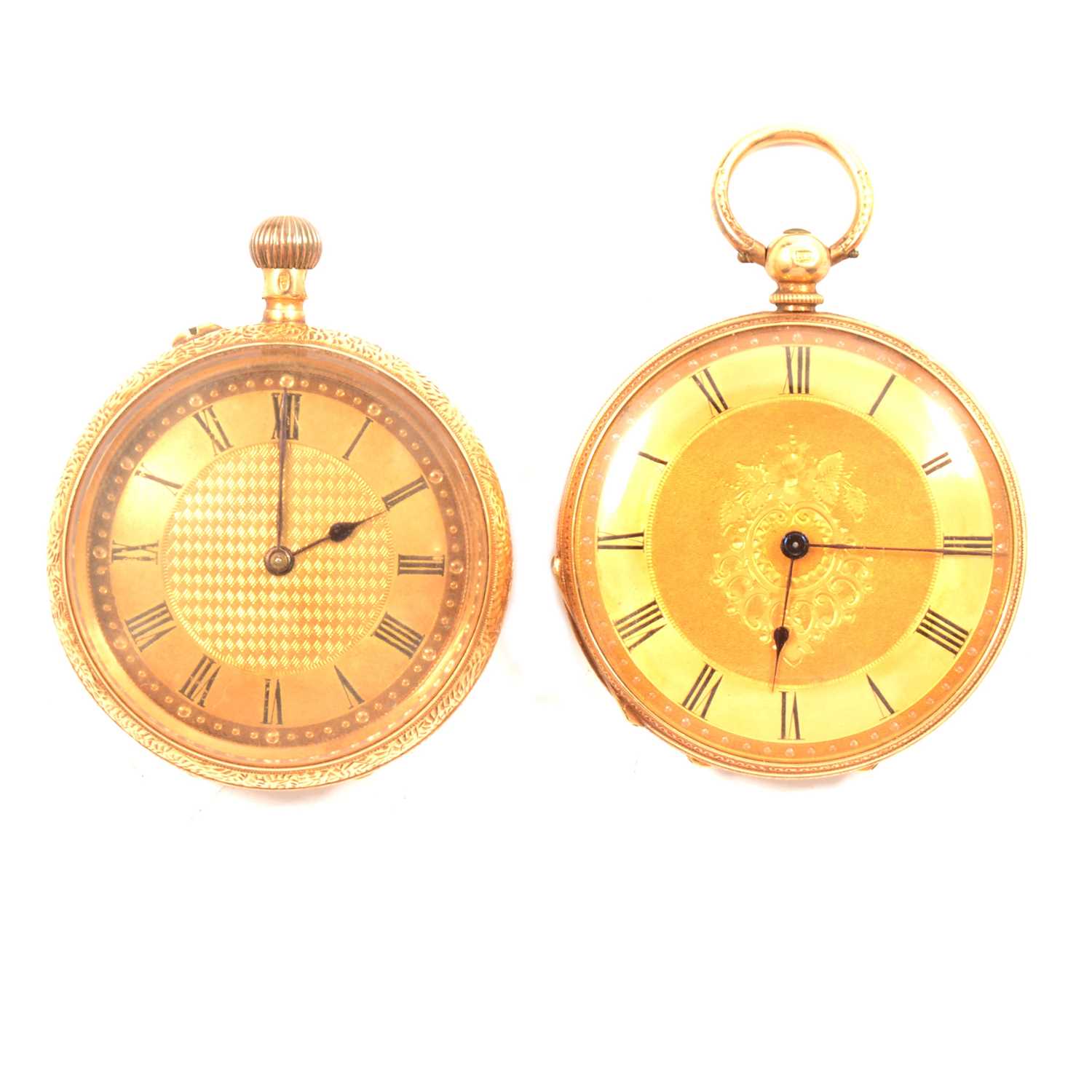 Lot 285 - Two open face fob watches, marked 18.