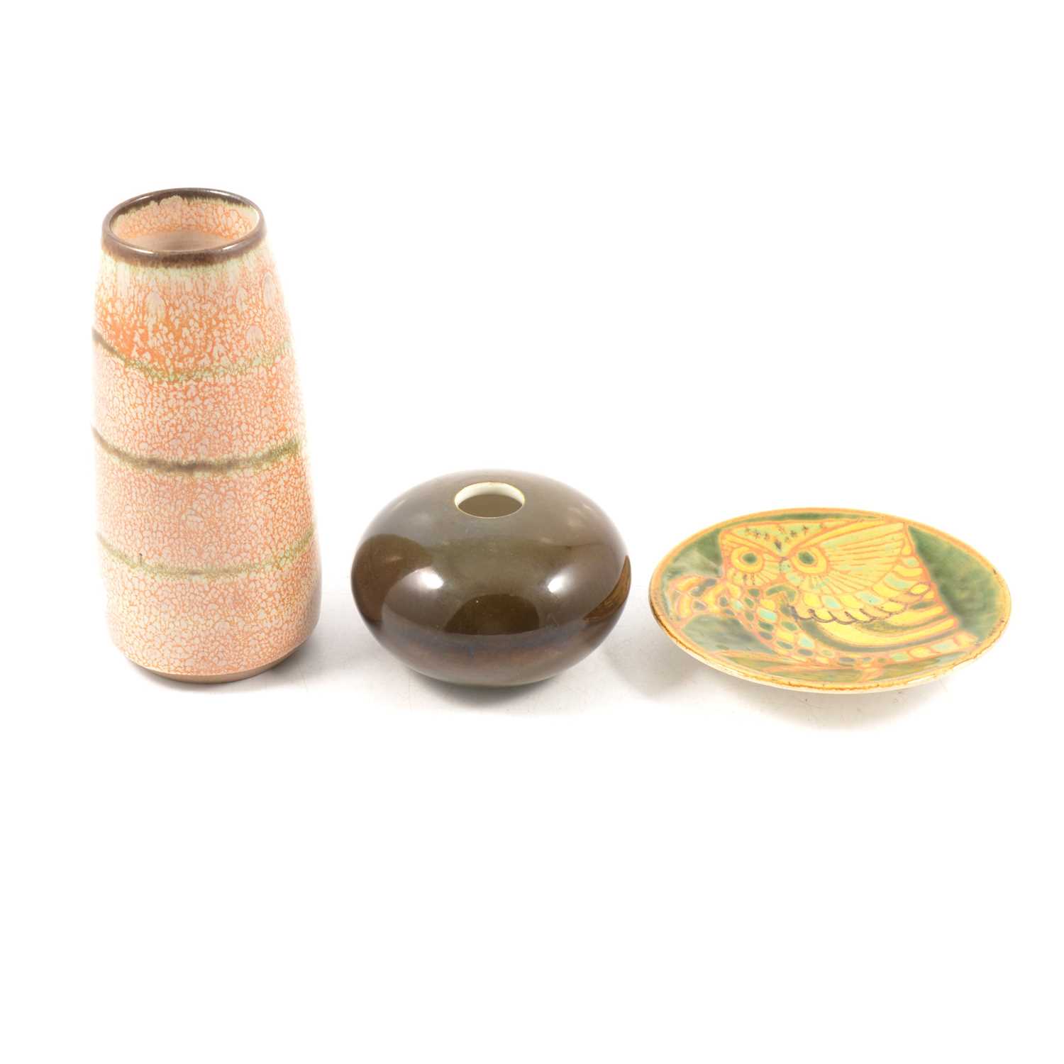 Lot 46 - Poole Pottery owl dish, cylindrical vase, and