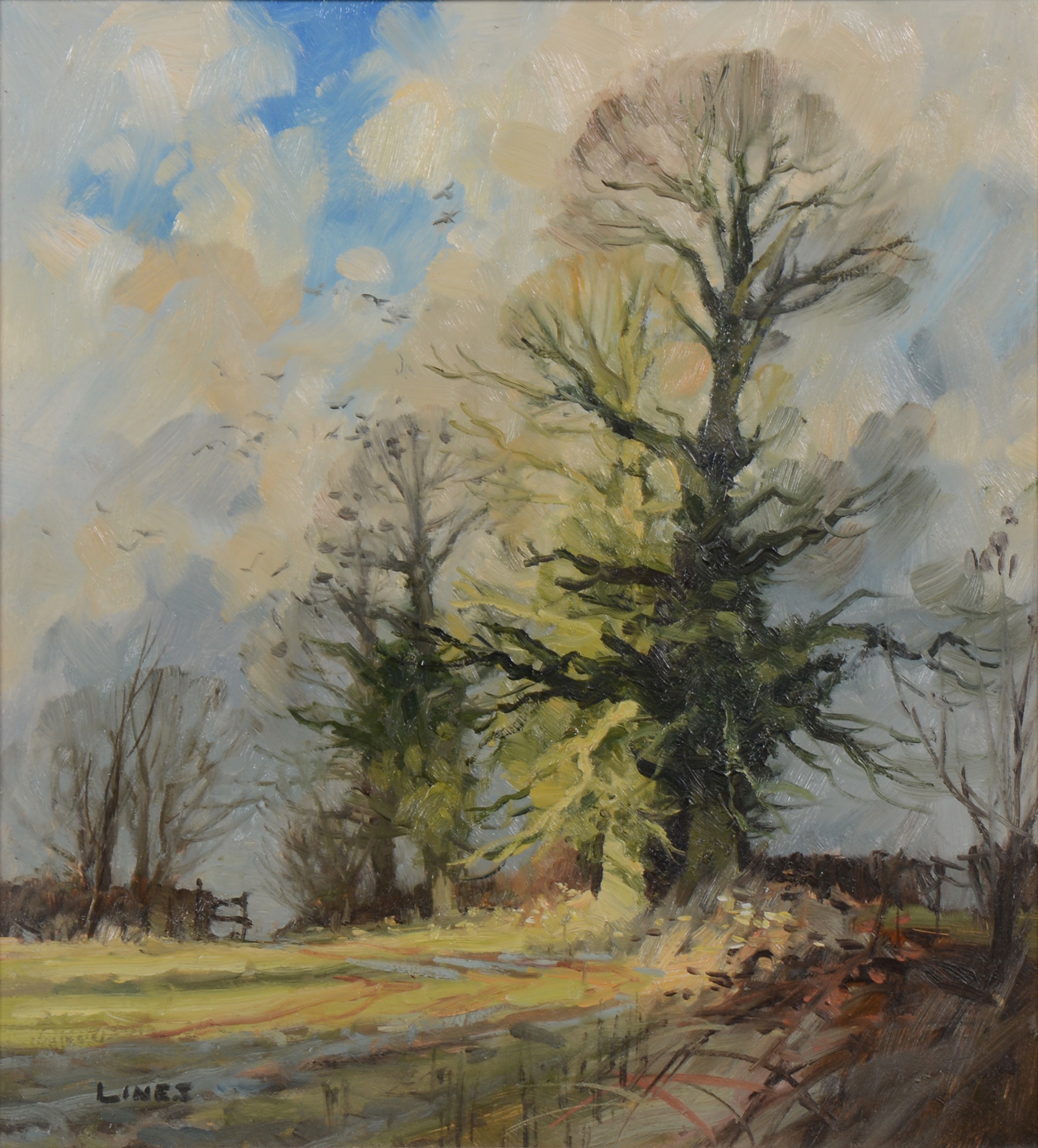 Lot 214 - John Lines, a country lane with flowers, and