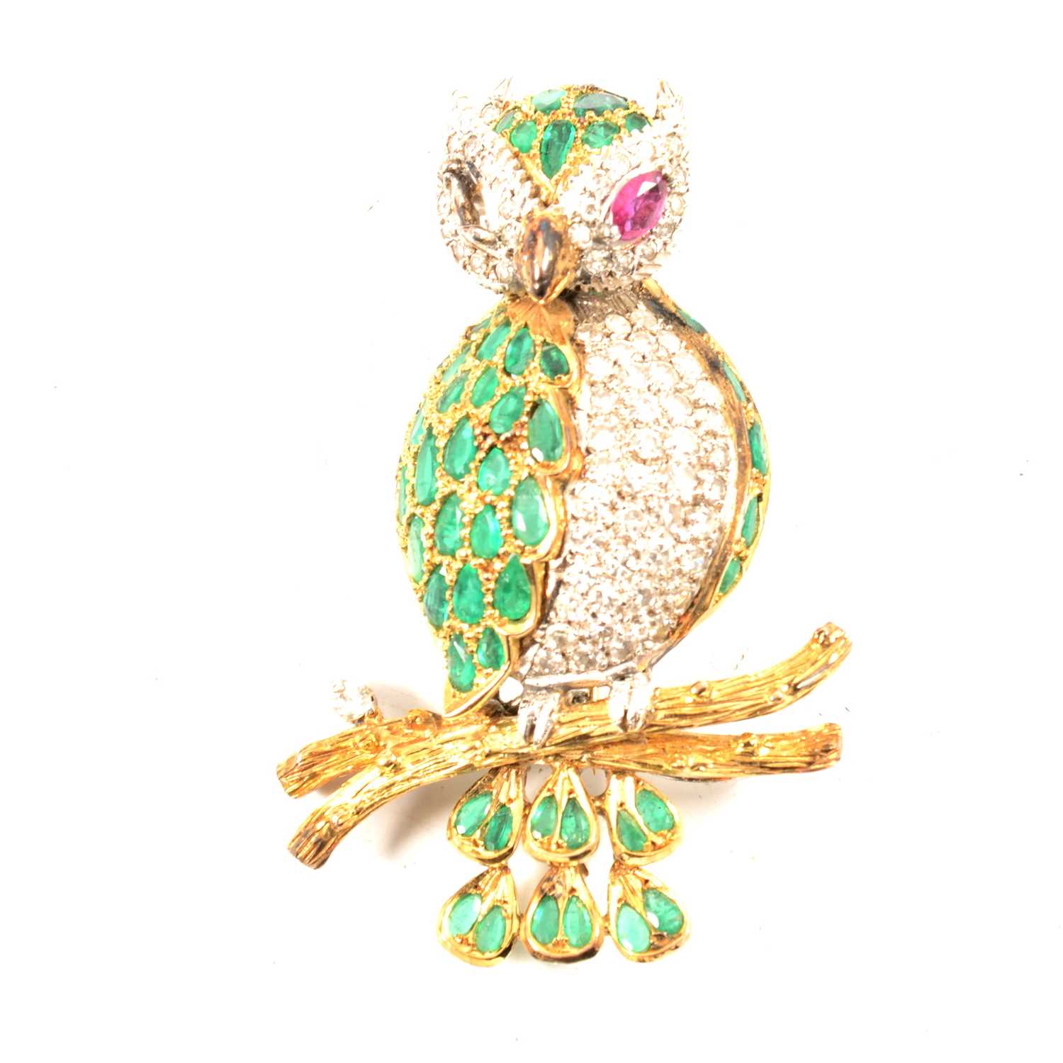 Lot 260 - A diamond, emerald and ruby owl brooch,