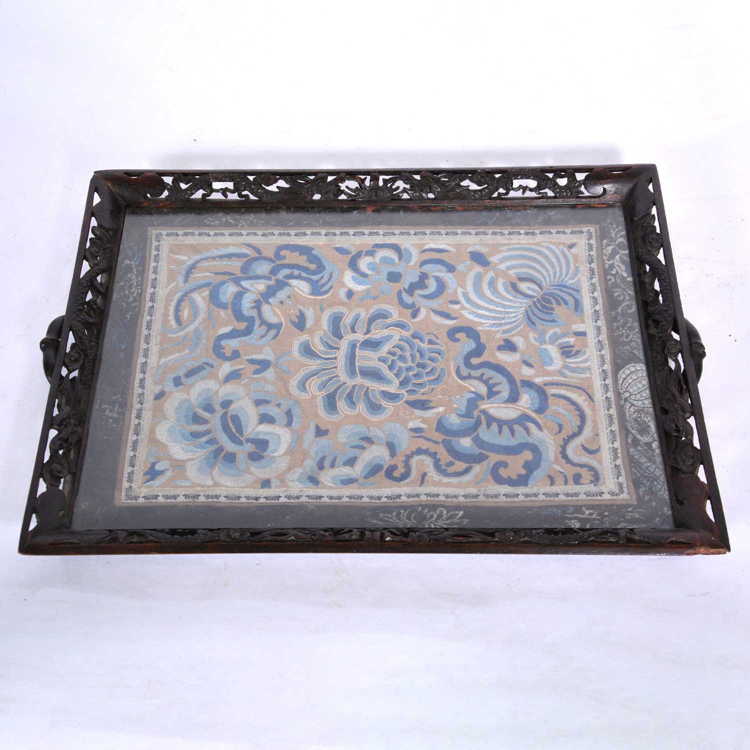 Lot 183 - A Chinese embroidered panel tray,