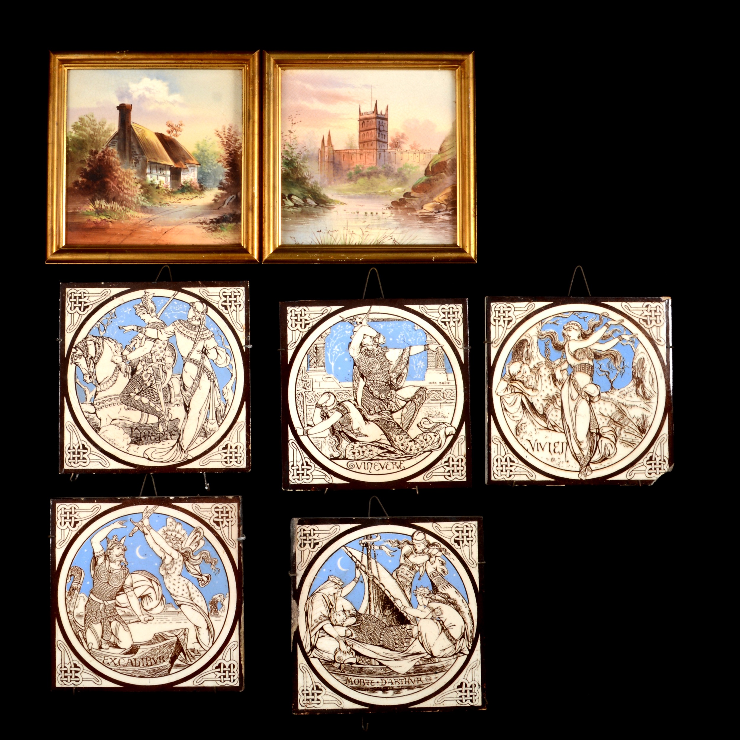 Lot 74 - Five Minton tiles by John Moyr Smith, and two