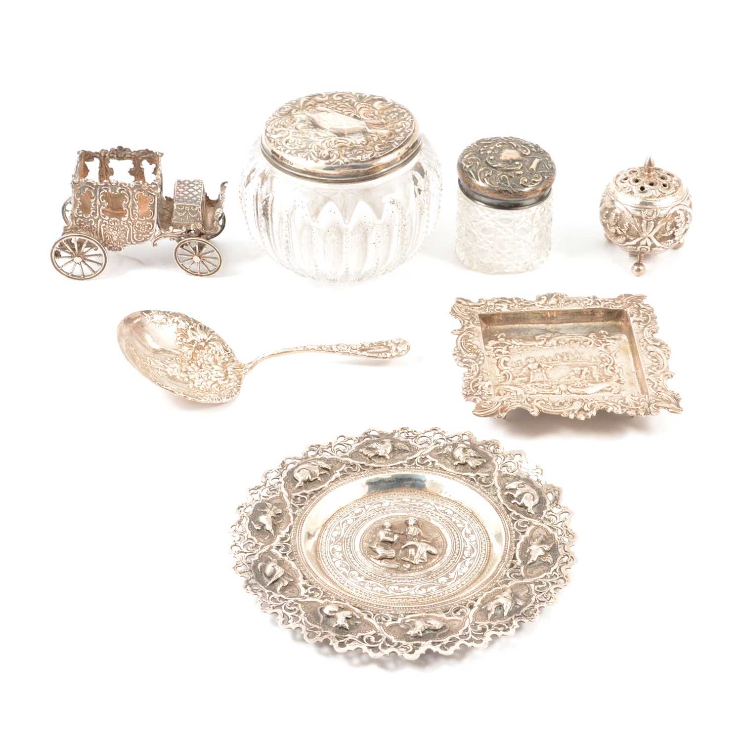 Lot 331 - A white metal carriage; two small dishes;