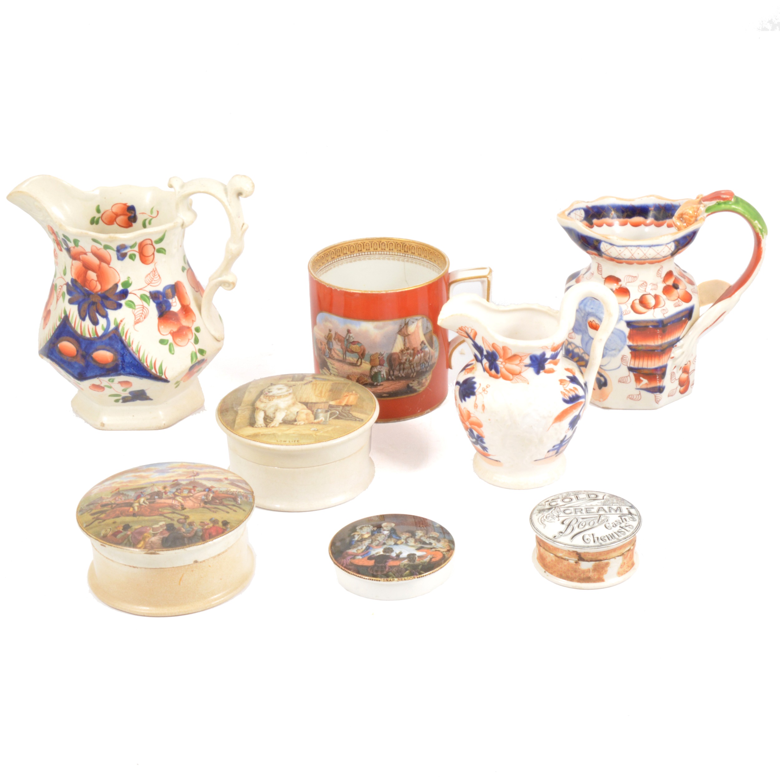 Lot 72 - Prattware tankard and pot lids, and three