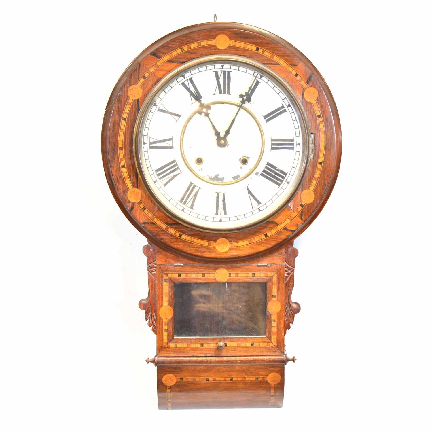 Lot 654 - American walnut and inlaid wall clock,