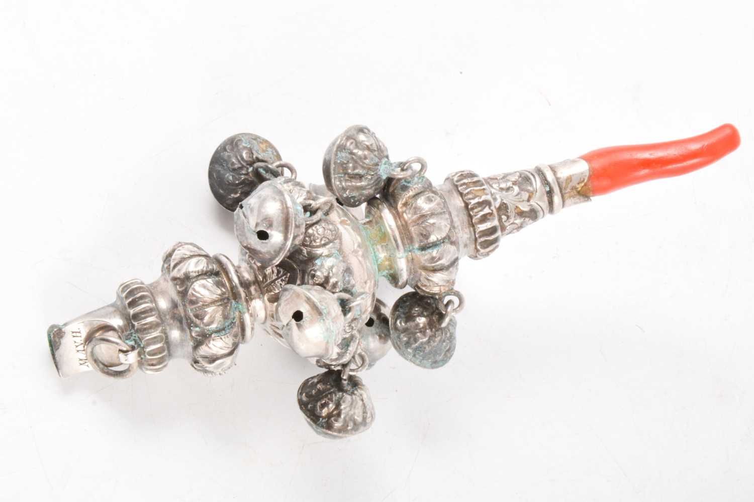Lot 265 - Victorian silver rattle, whistle and coral