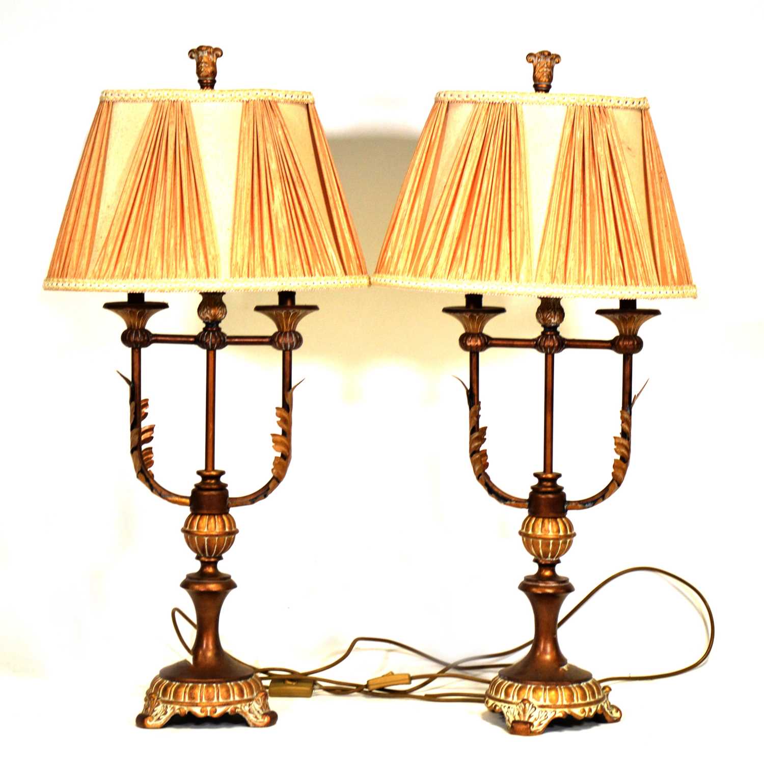 Lot 69 - Pair of brass and composition table lamps,