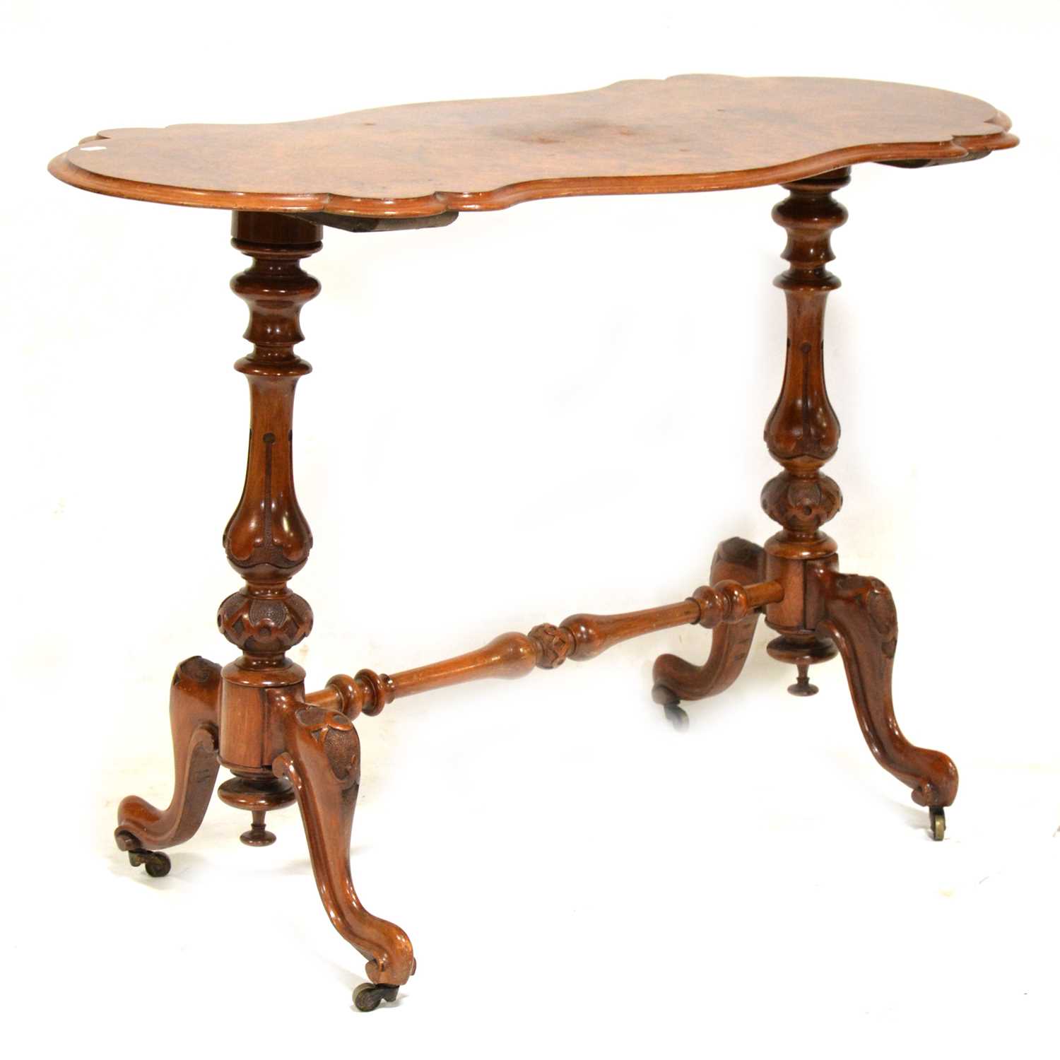 Lot 241 - Victorian figured walnut stretcher table,