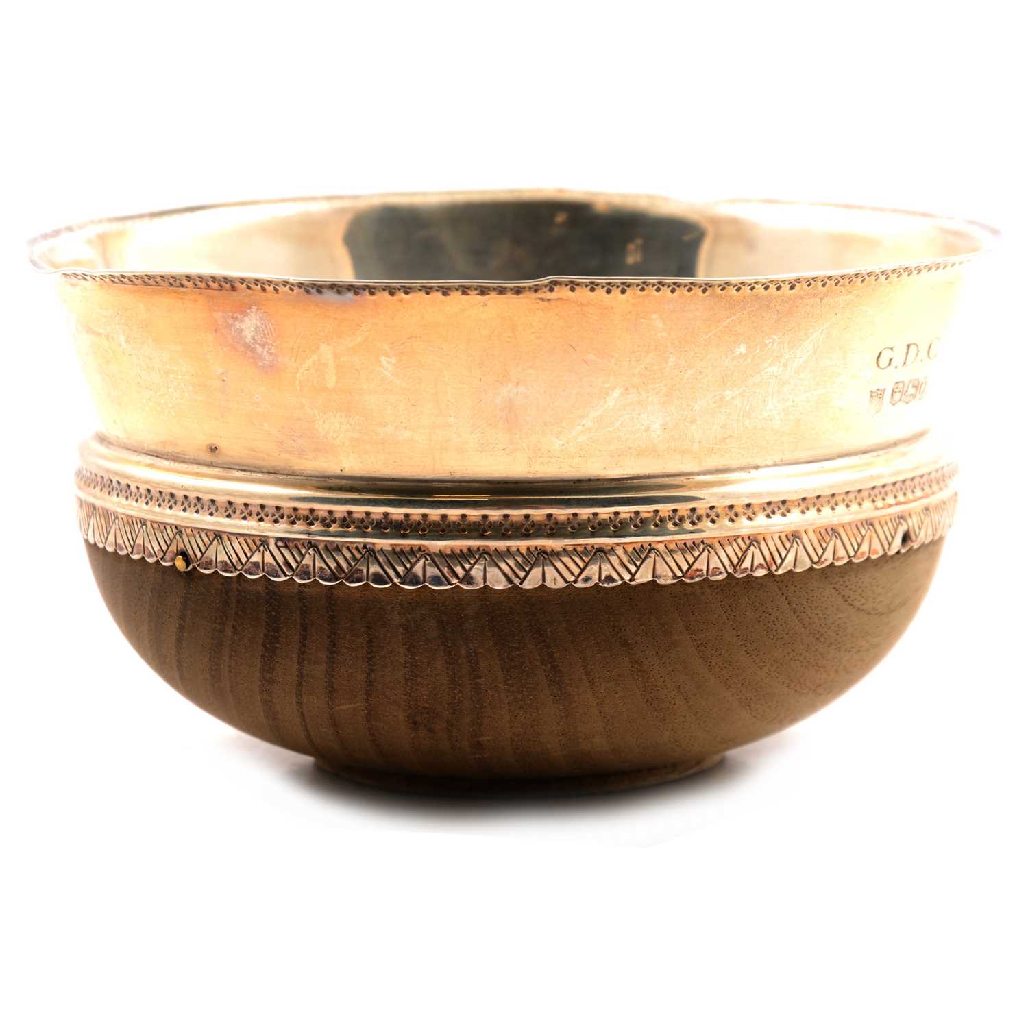Lot 277 - Small silver and turned wood mazer bowl,