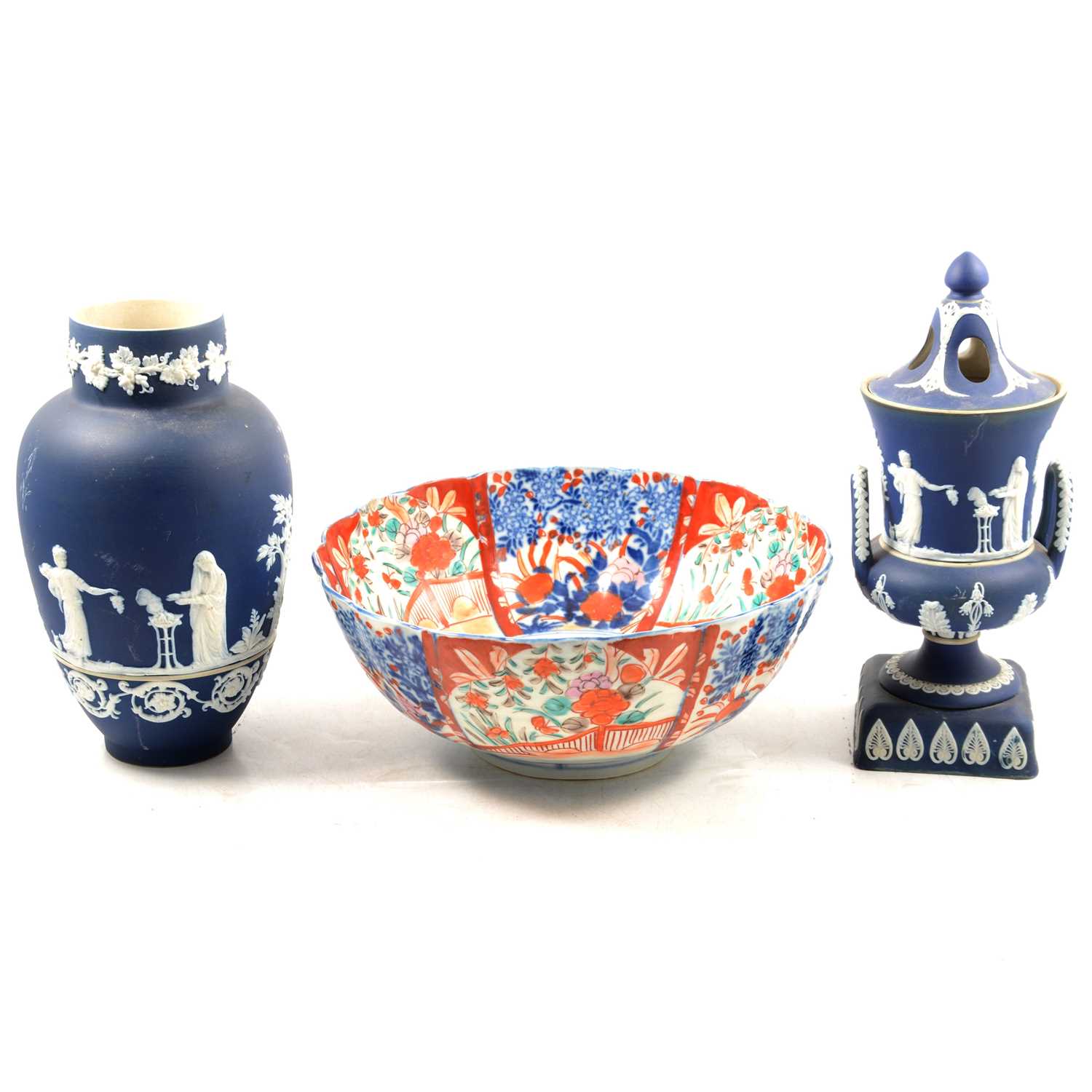 Lot 103 - Adams jasperware urn shaped vase, Imari bowl,