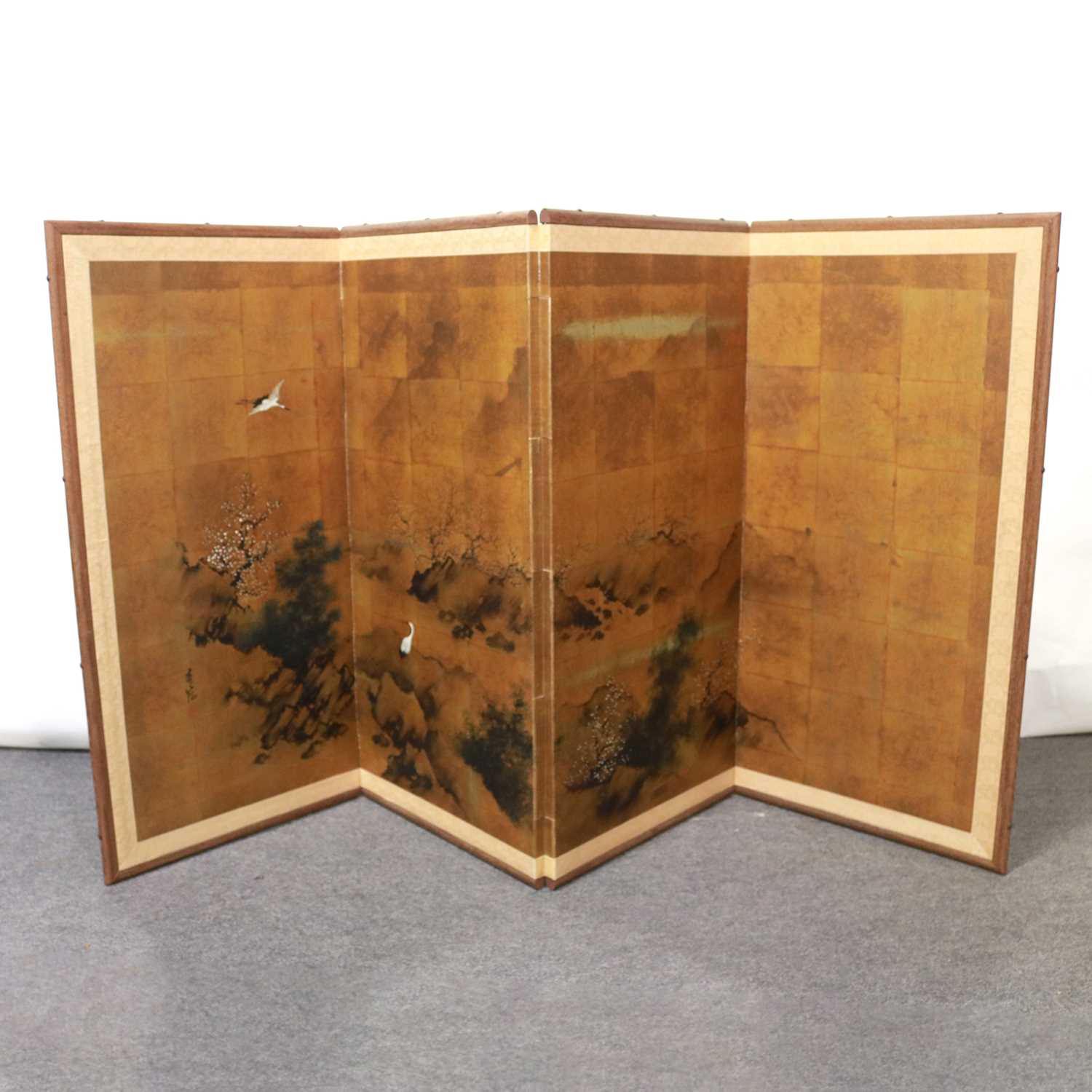 Lot 373 - A four panel Japanese Byobu screen depicting