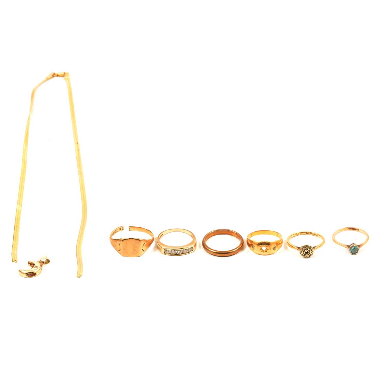 Lot 161 - Six gold / yellow metal rings, moon charm