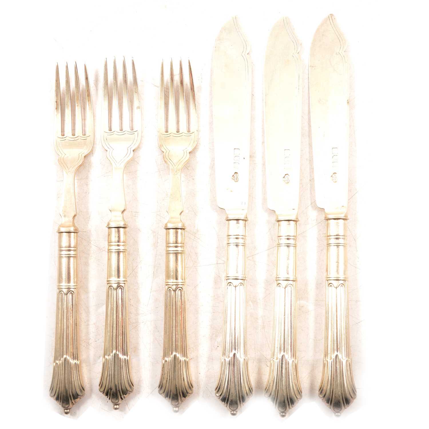 Lot 296 - Set of twelve silver fish knives and forks,