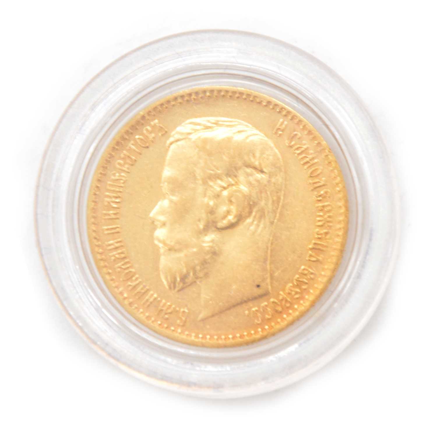 Lot 191 - A gold 5 Rouble coin, Tsar Nicolas II
